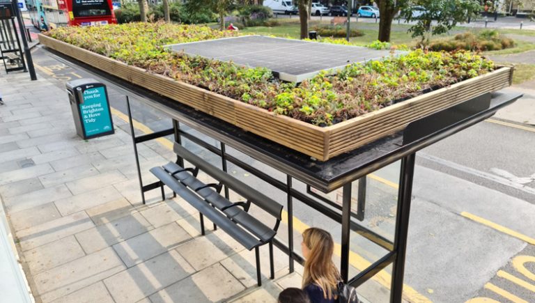 Clear Channel Bus Shelter with Sedum M-Tray Solar Panel Brighton - Wallbarn
